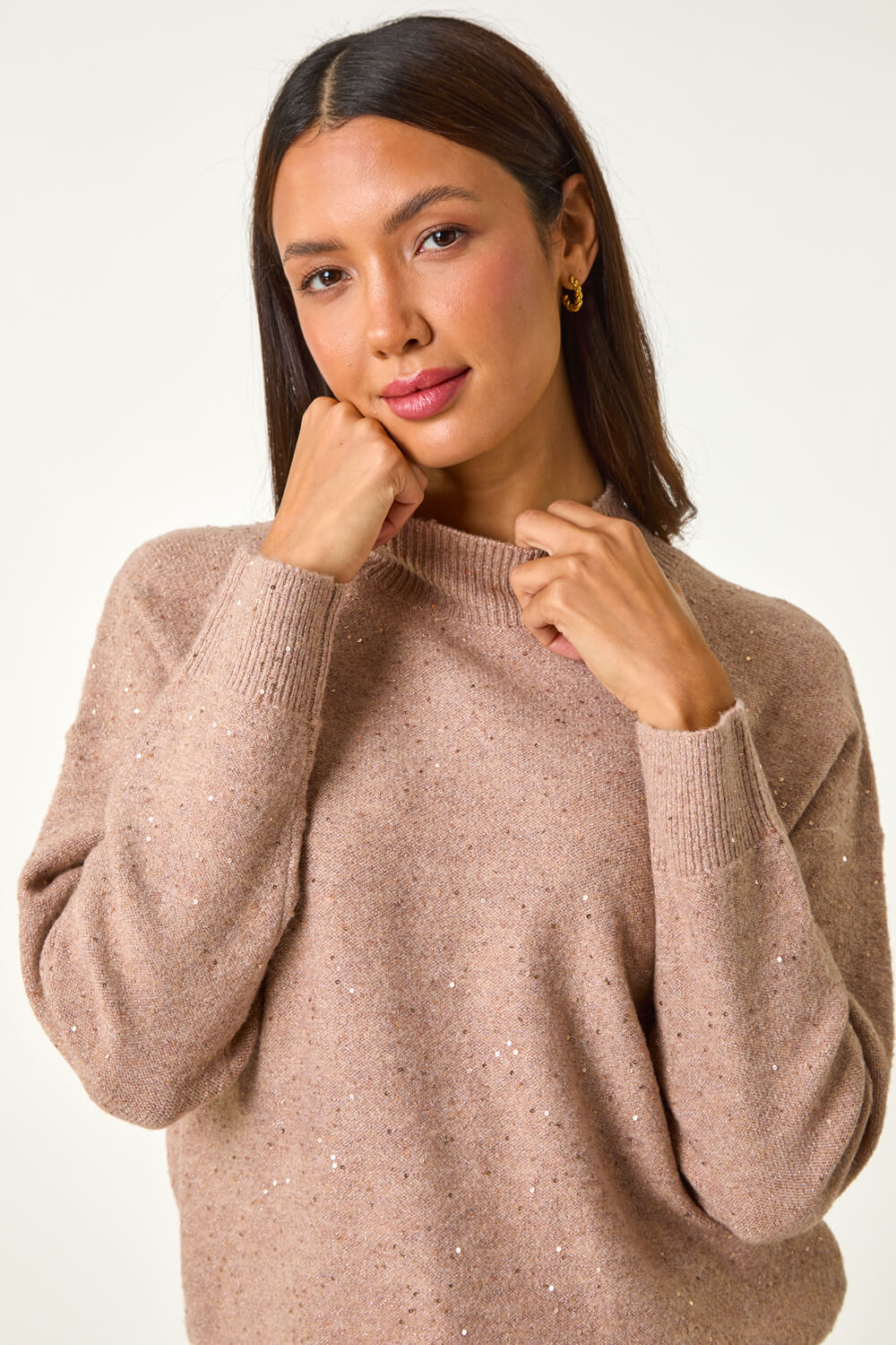 Pink Sequin Detail High Neck Jumper | Roman UK