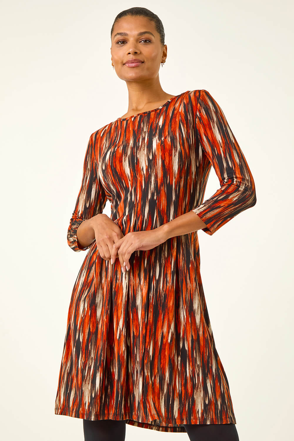 Orange Abstract Print Panel Stretch Dress | Roman UK
