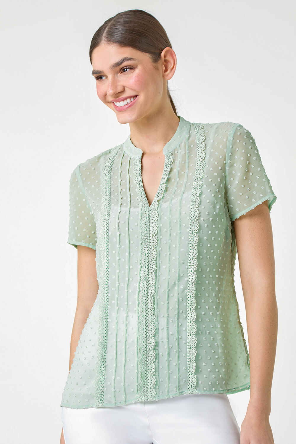 Sage Textured Spot Lace Trim Top | Roman UK