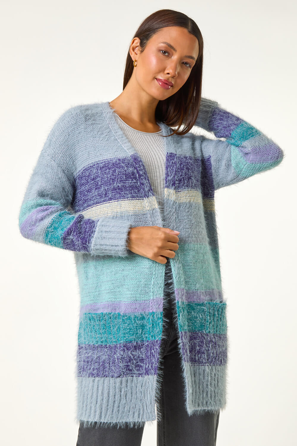 Blue Fluffy Stripe Pocket Cardigan | Roman UK