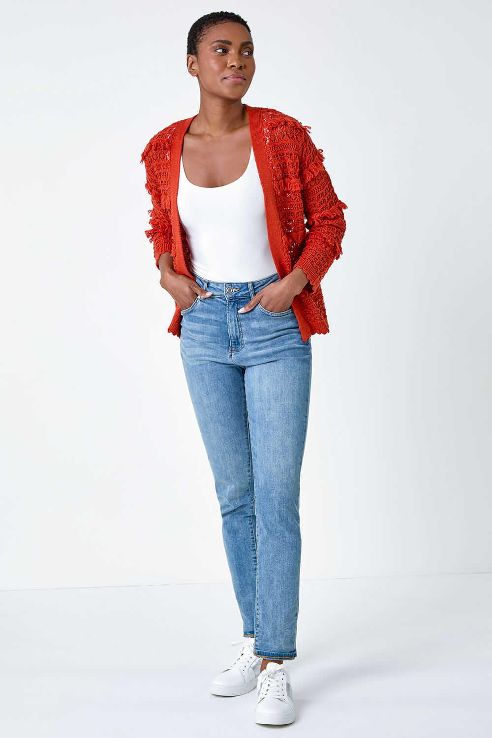 Rust Fringe Detail Scalloped Cotton Blend Cardigan | Roman UK