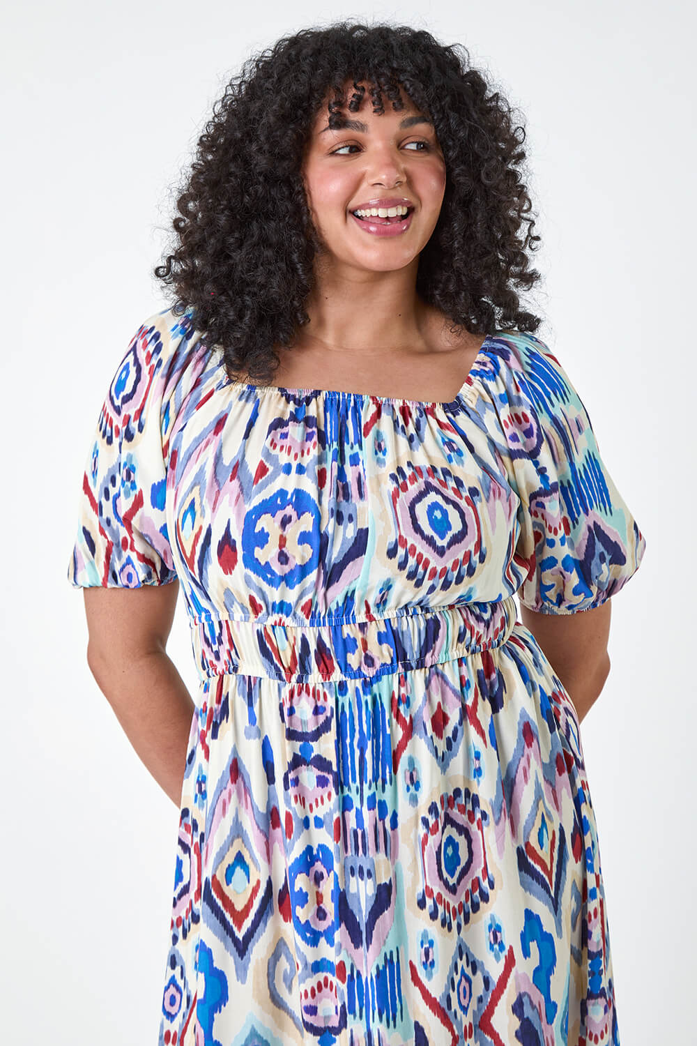 Purple Curve Aztec Print Shirred Midi Dress | Roman UK