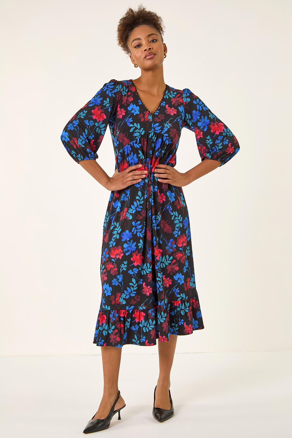 Blue Floral Print Lace Trim Midi Dress | Roman UK