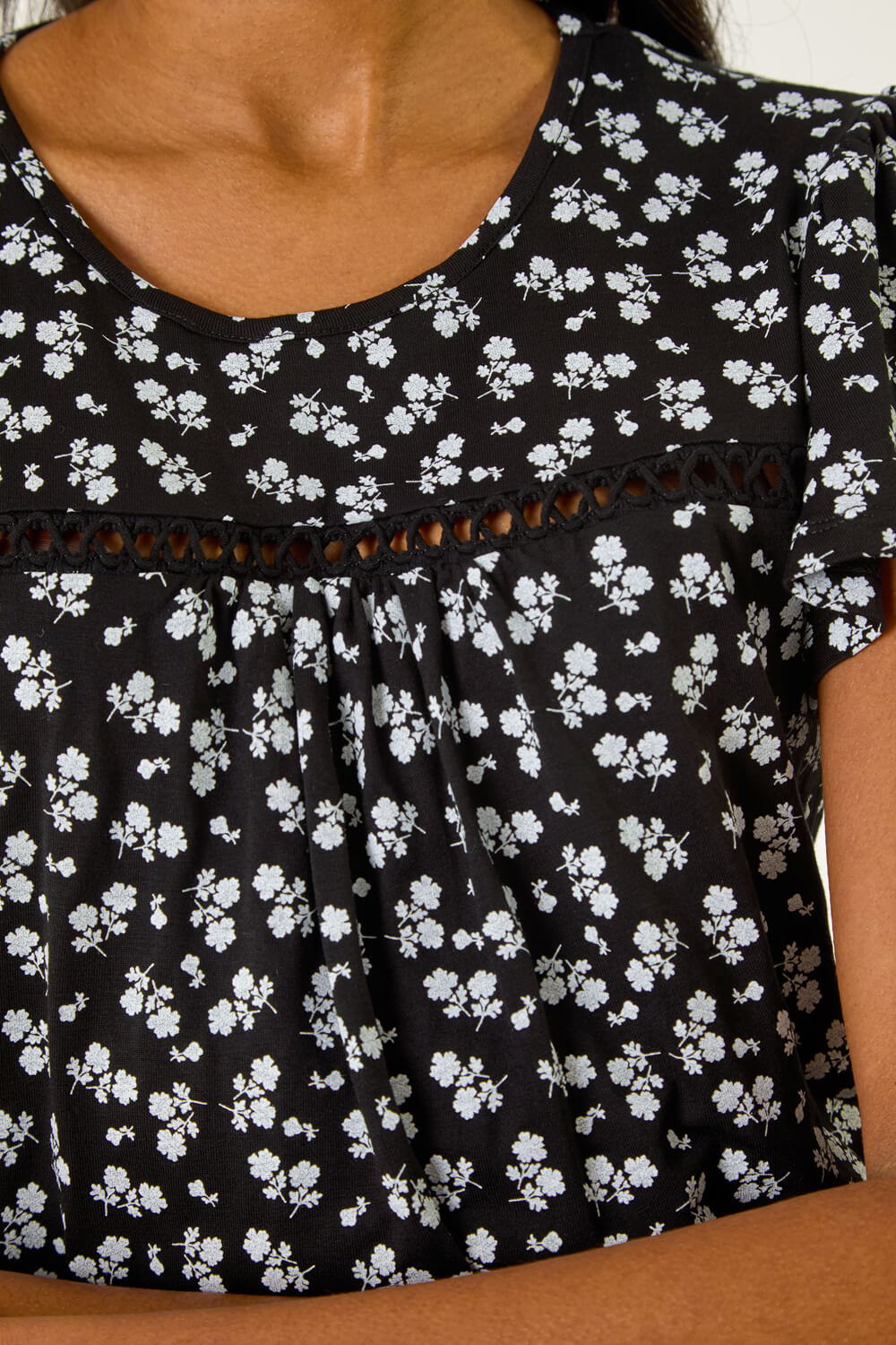 Black Floral Print Ladder Trim Top | Roman UK