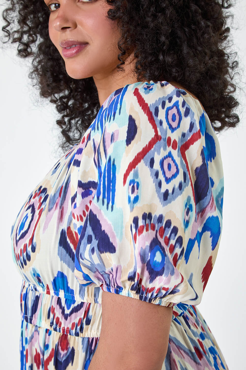 Purple Curve Aztec Print Shirred Midi Dress | Roman UK