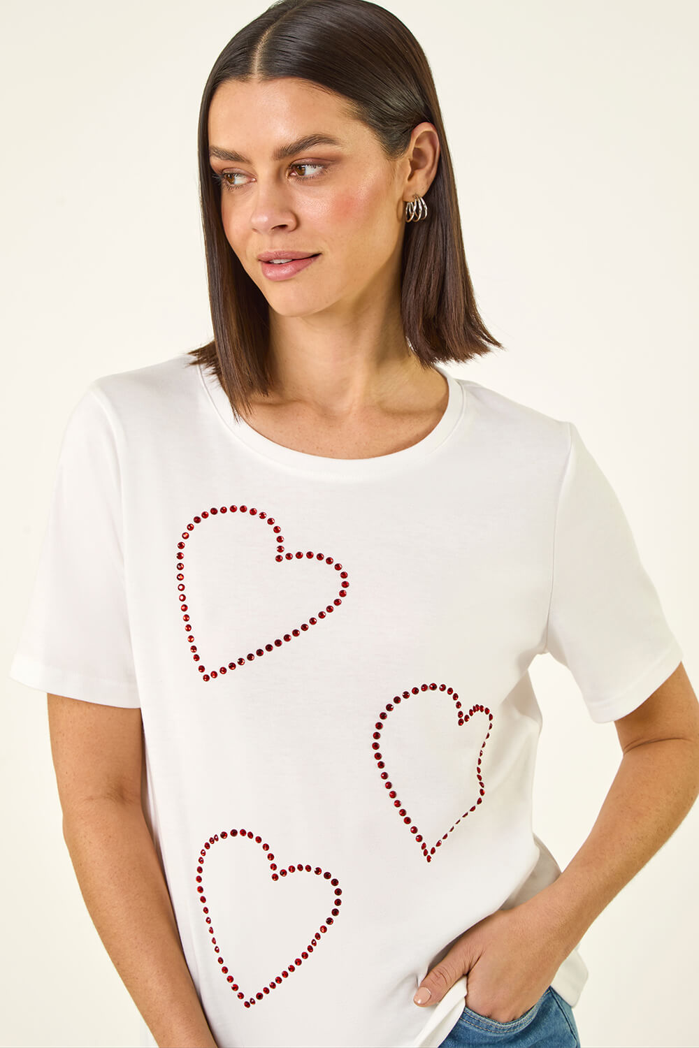 Ivory Embellished Heart T-Shirt | Roman UK