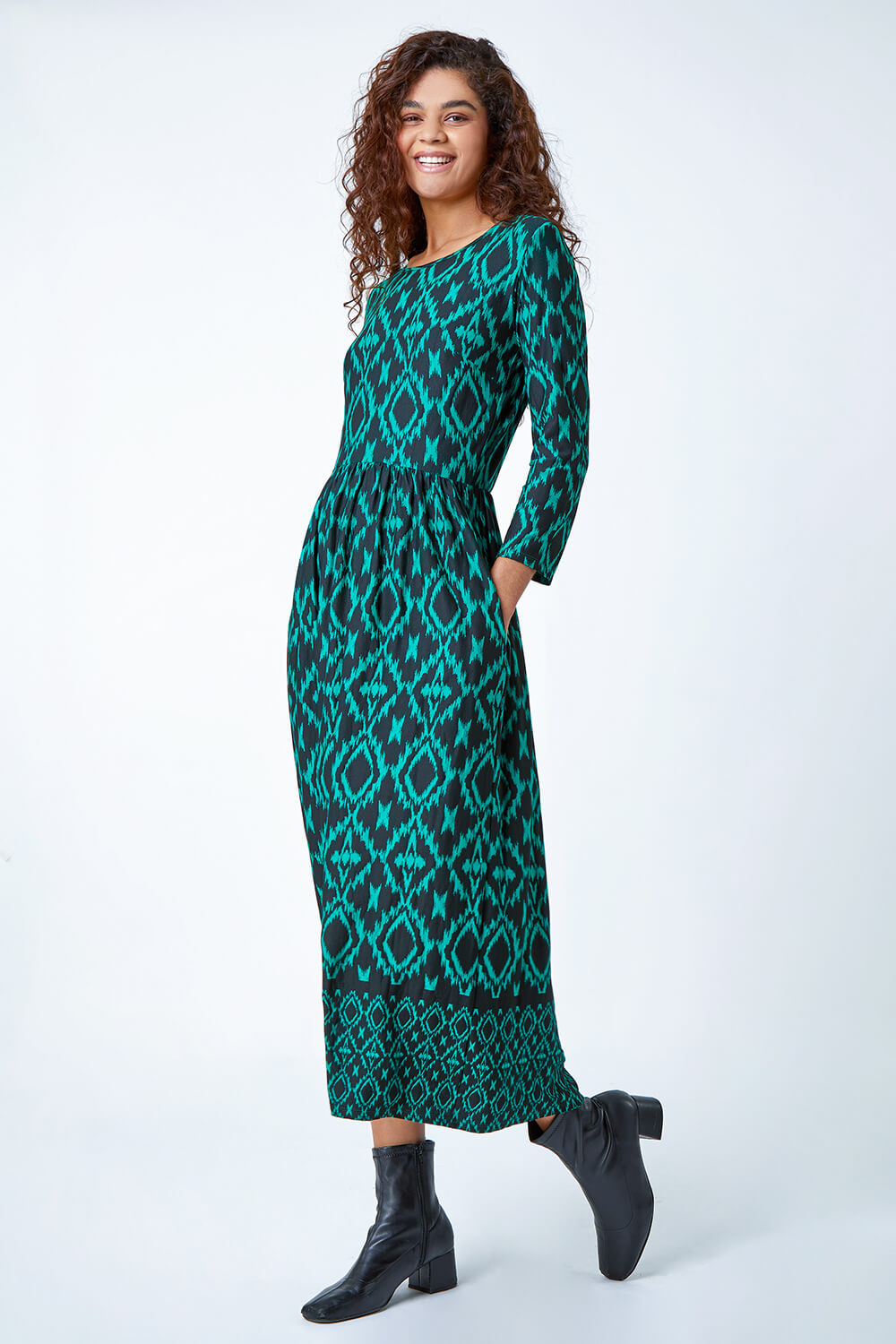 Green Aztec Border Print Midi Stretch Dress | Roman UK
