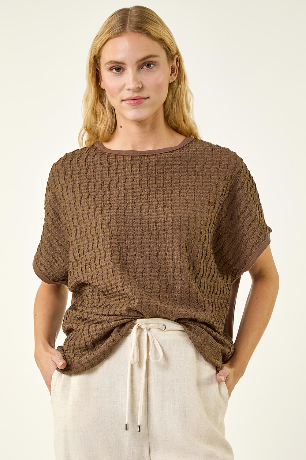 Chocolate Textured Stretch Tunic Top | Roman UK