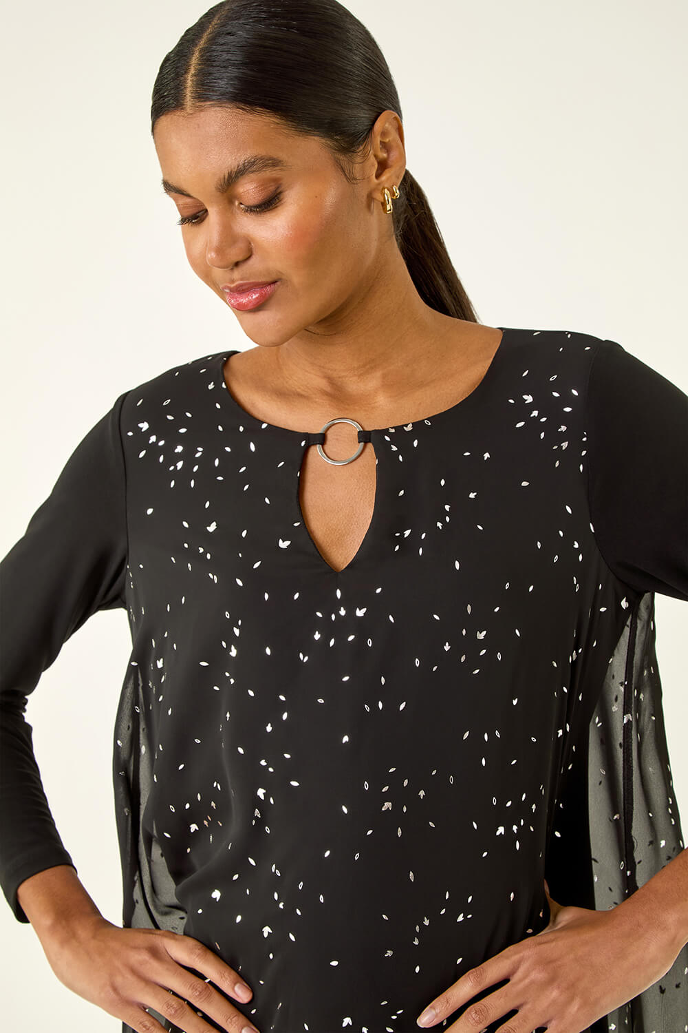 Black Ring Front Foil Tunic Top | Roman UK
