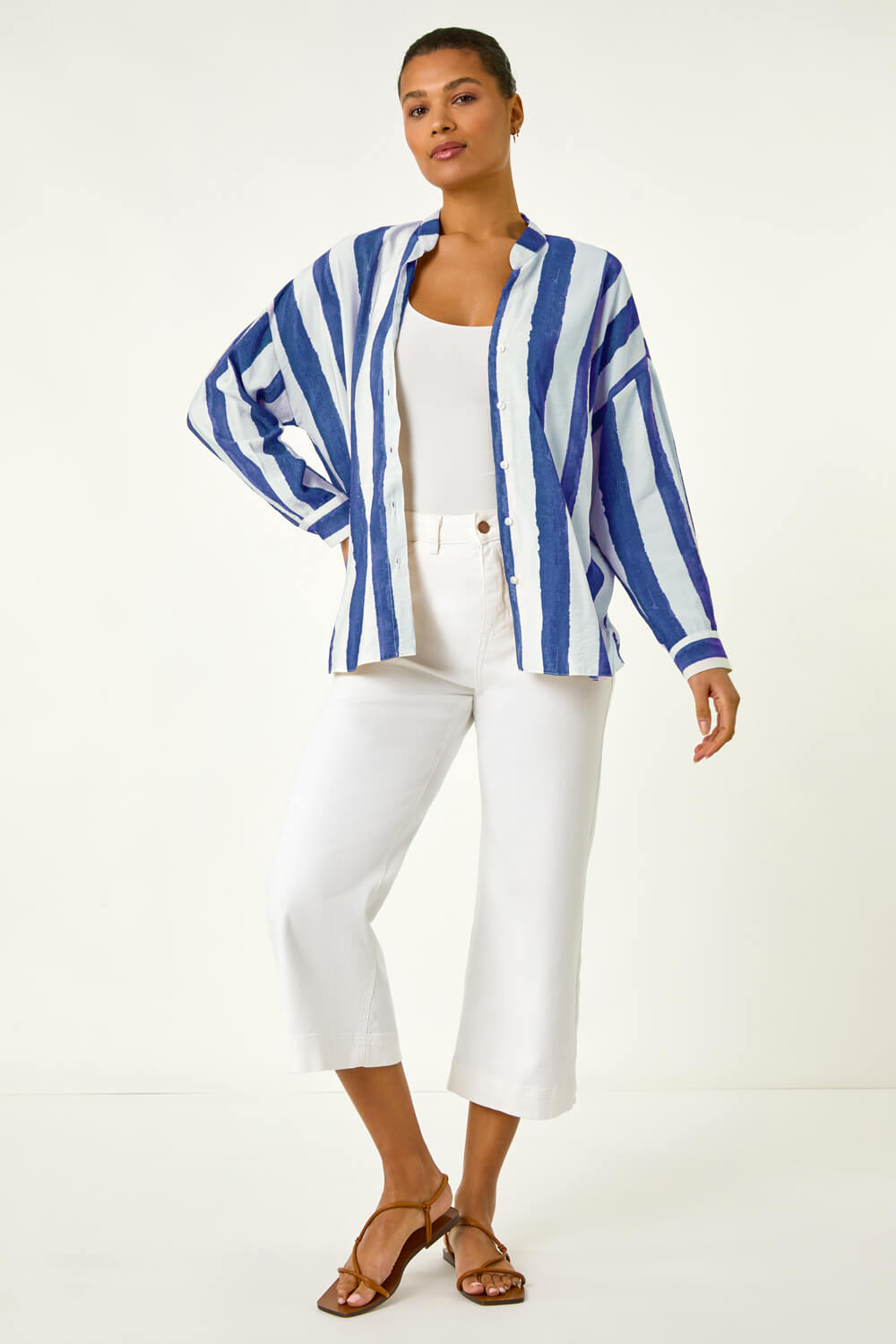 Navy Stripe Print Relaxed Button Shirt | Roman UK