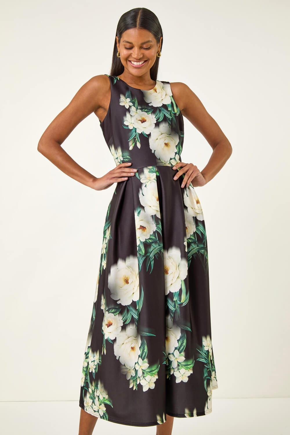 Black Floral Motif Premium Stretch Midi Dress | Roman UK