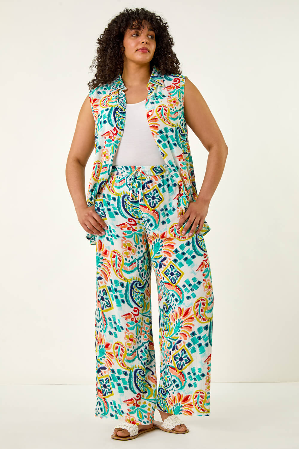 Blue Curve Abstract Print Trousers | Roman UK