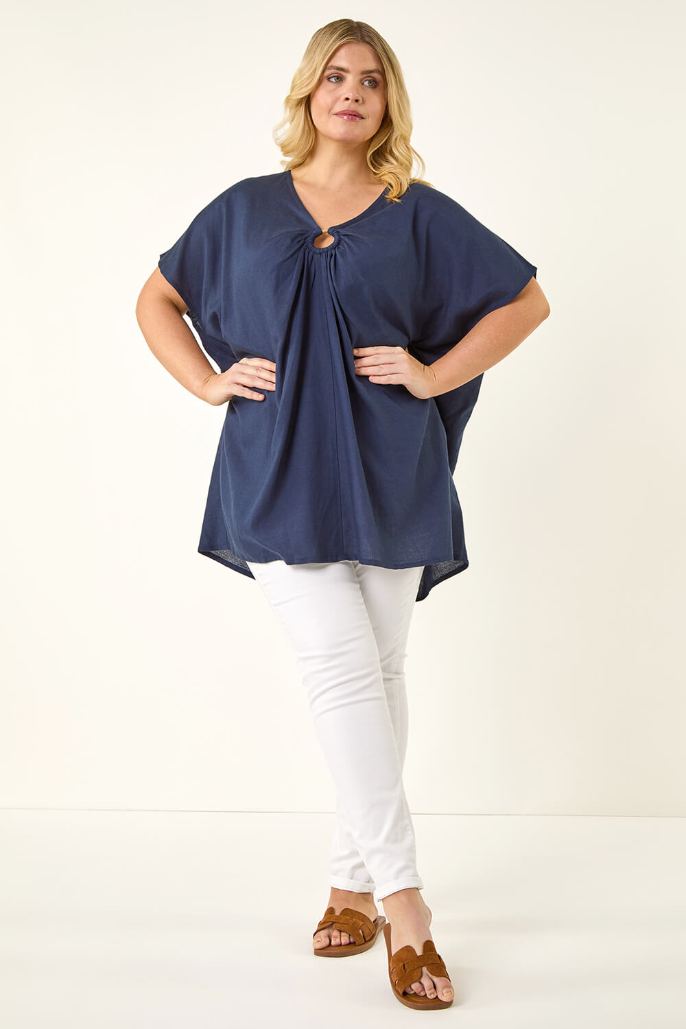 Navy Curve Ring Front Oversized Top | Roman UK