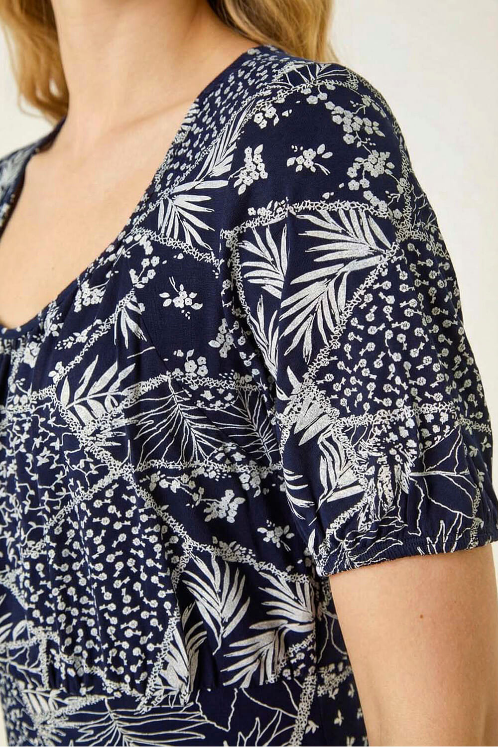 Navy Patch Print Gathered Stretch Dress | Roman UK