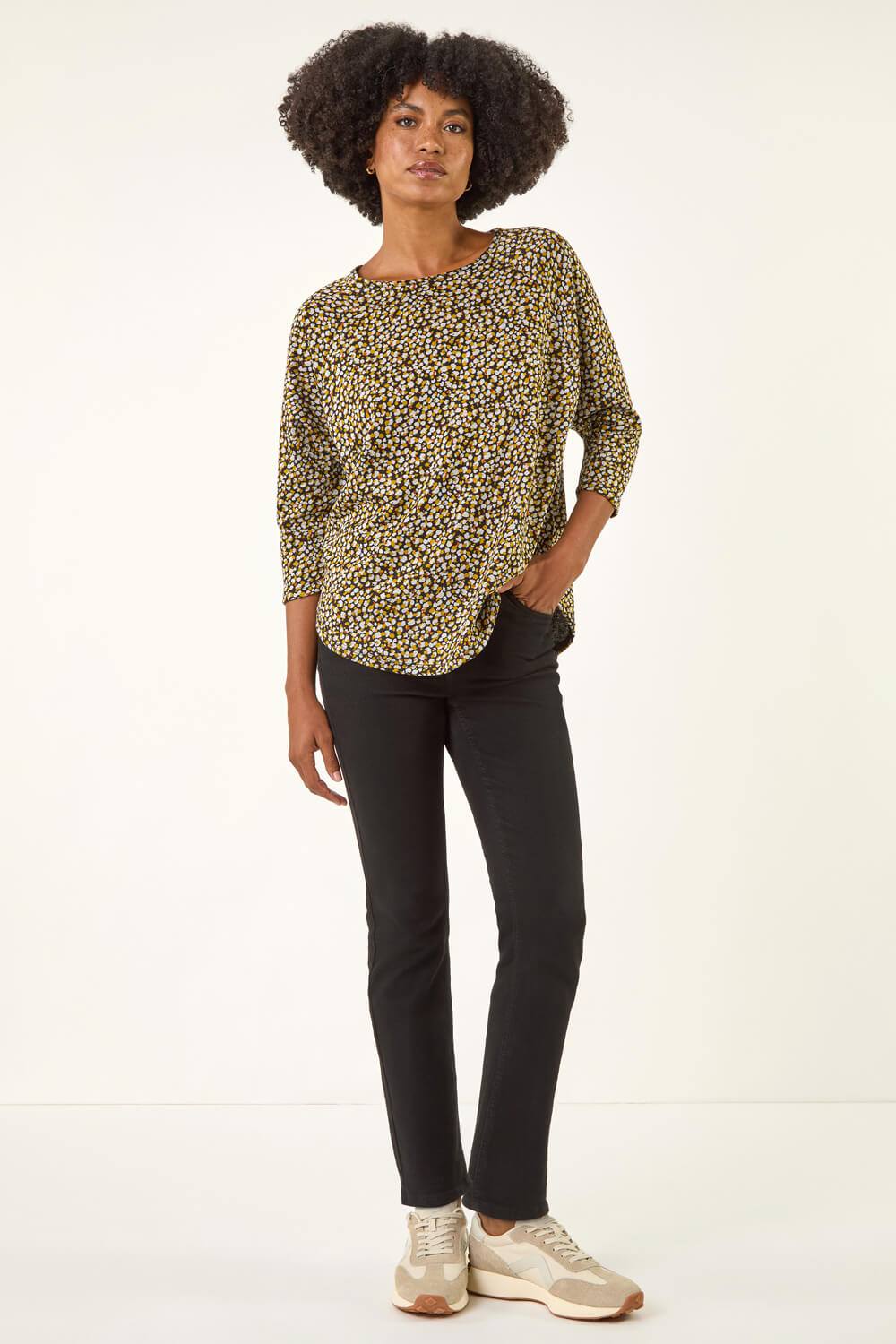 Ochre Spot Print Snit Jersey Top | Roman UK
