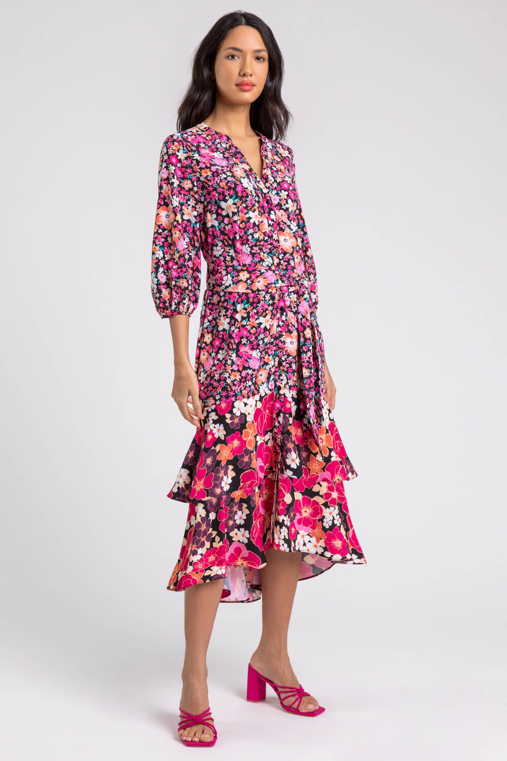 Mixed Floral Frill Hem Midi Dress in Pink - Roman Originals UK