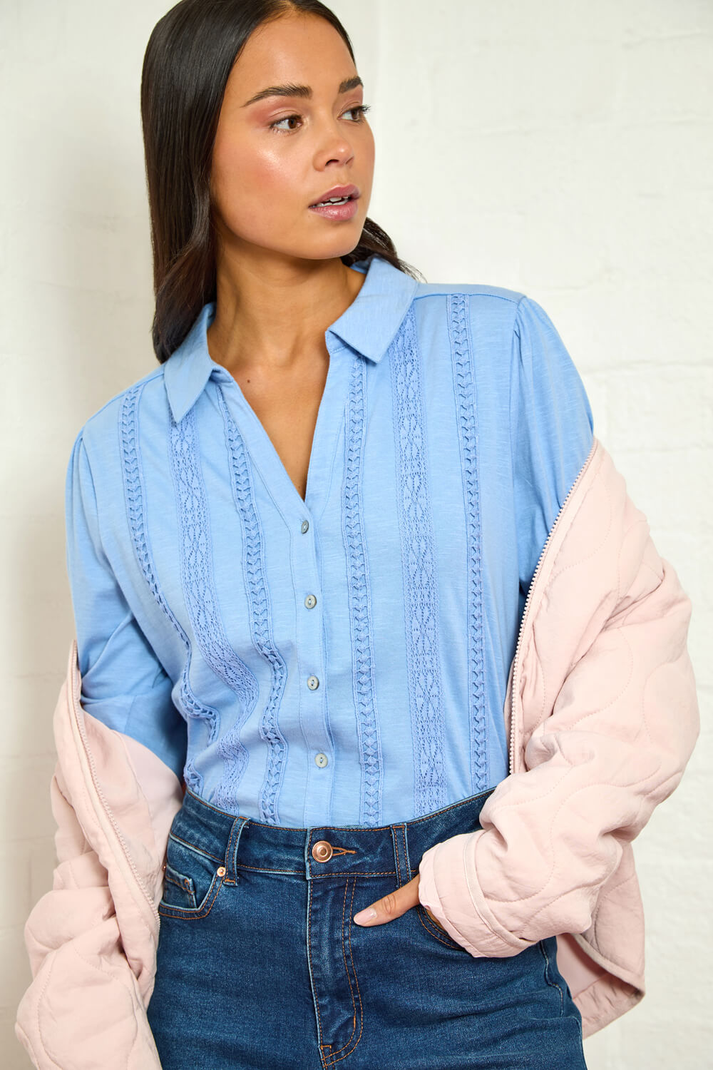 Blue Petite Cotton Lace Trim Blouse | Roman UK
