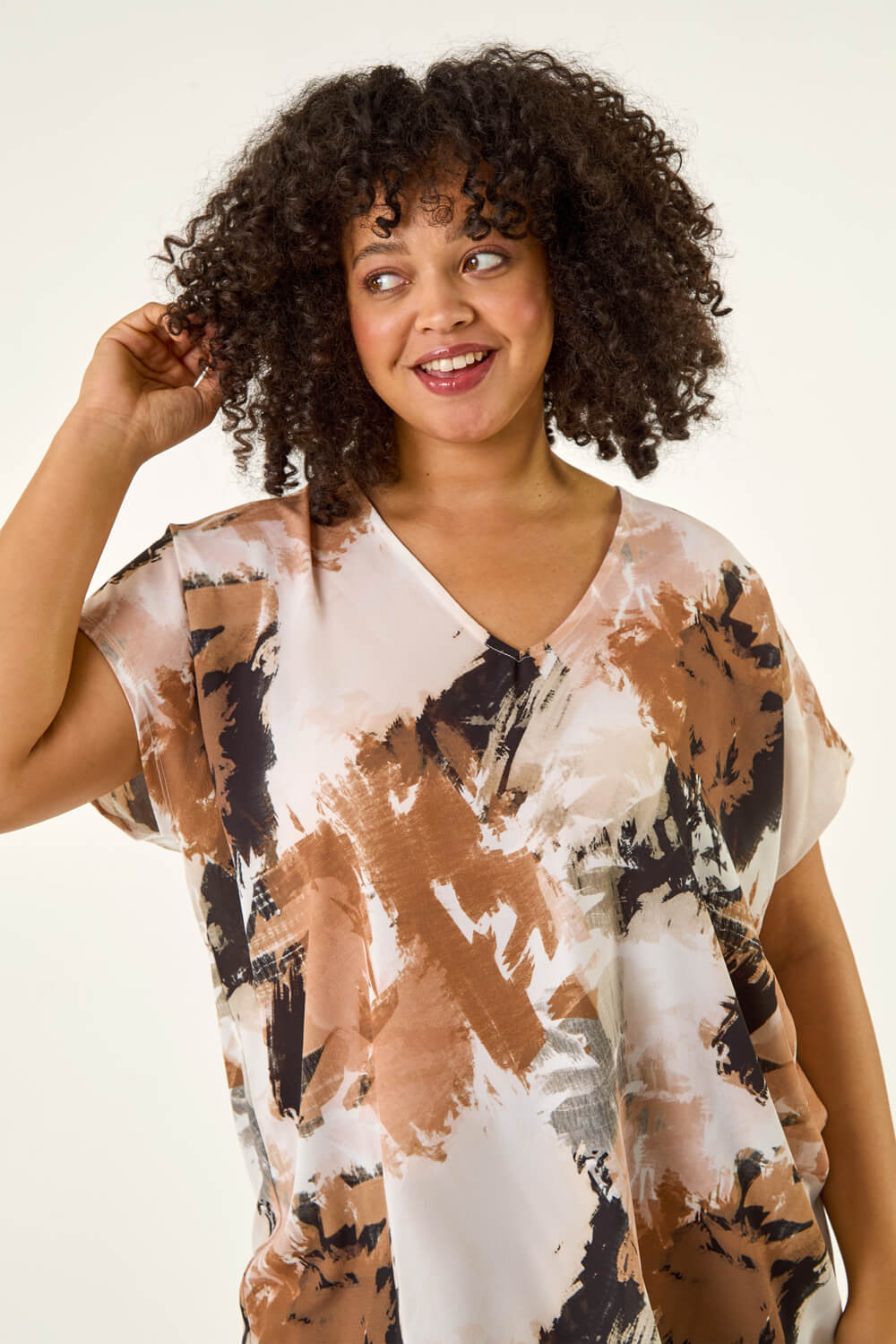 Brown Curve Printed V-Neck Woven Top | Roman UK