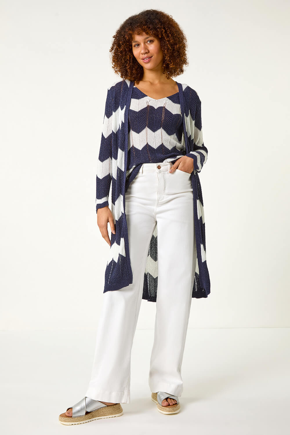 Navy Chevron Stripe Longline Cardigan | Roman UK