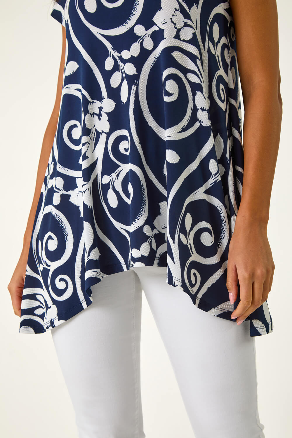 Navy Floral Print Hanky Hem Tunic Top | Roman UK