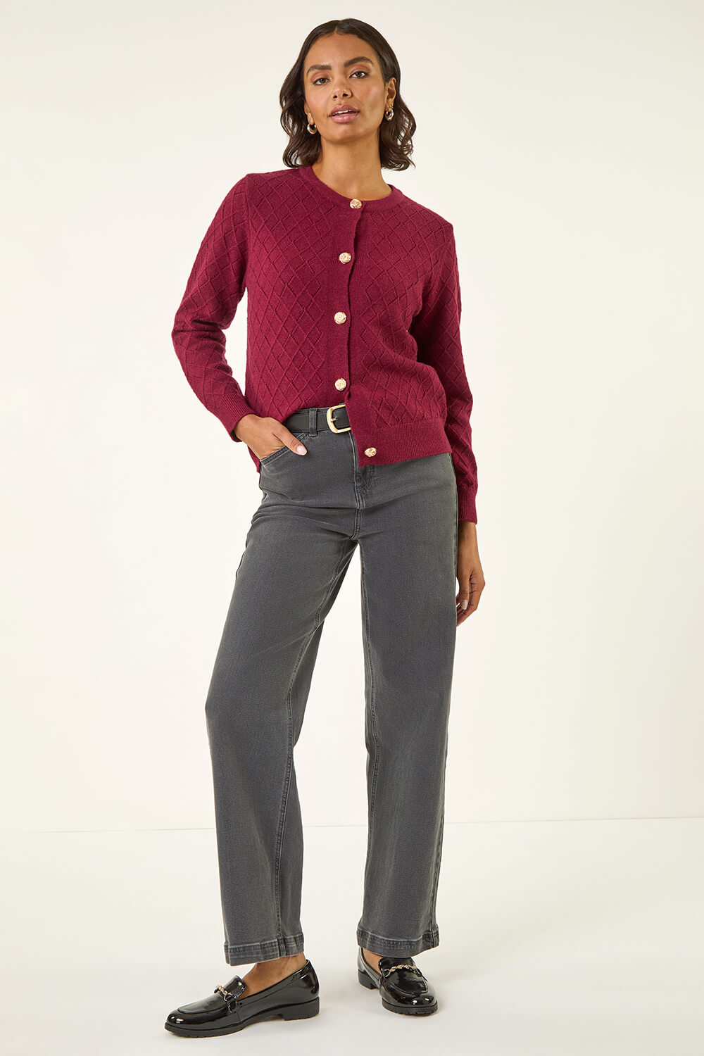 Burgundy Cable Knit Buttoned Cardigan | Roman UK