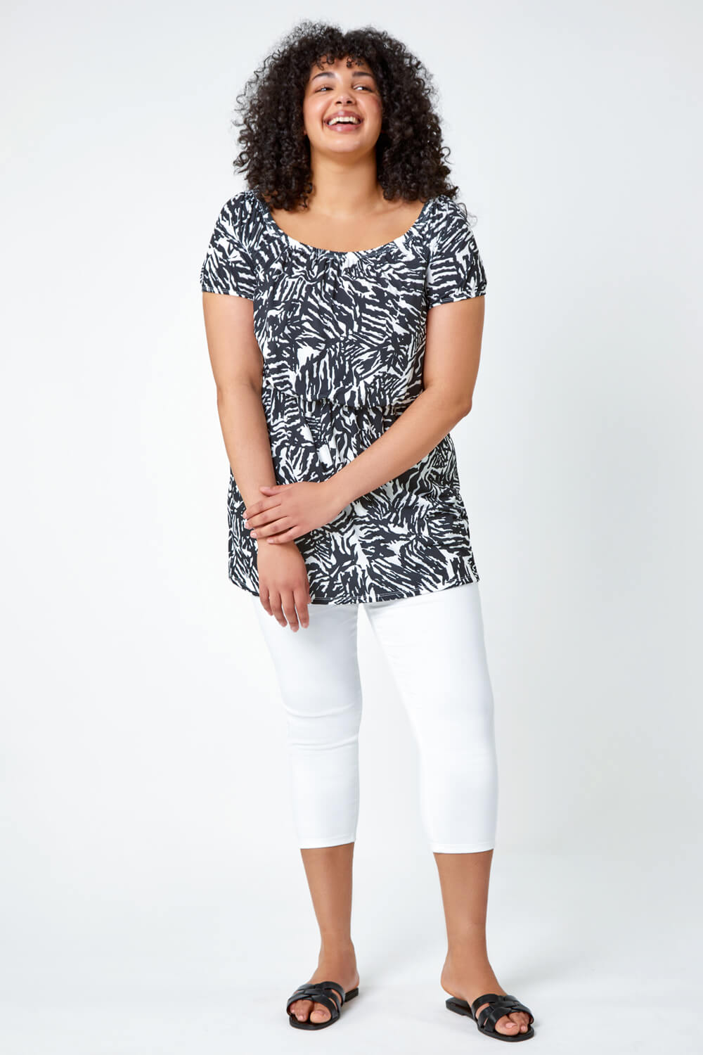 Black Curve Abstract Print Bardot Stretch Top | Roman UK