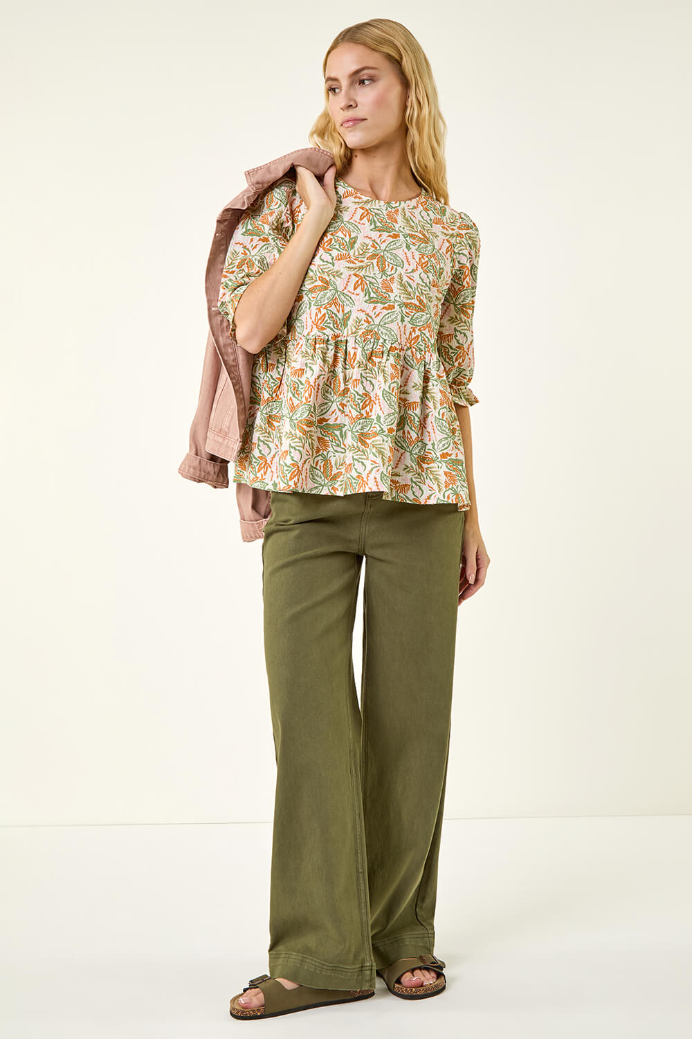 Green Leaf Print Textured Stretch Top | Roman UK