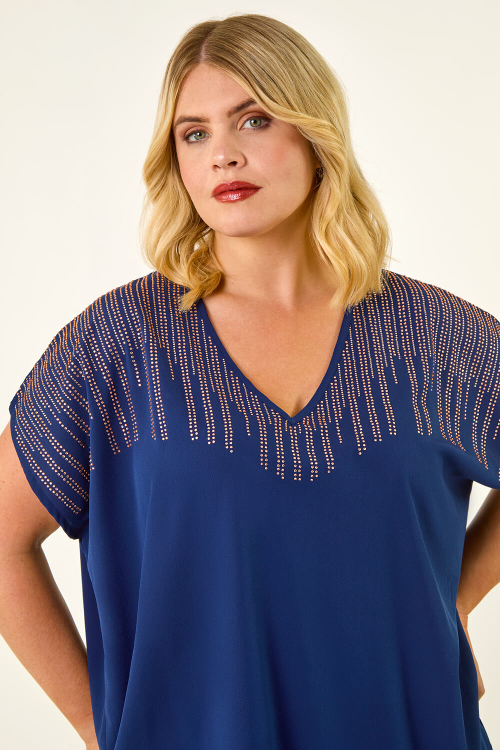 Navy Curve Hotfix Woven Top | Roman UK