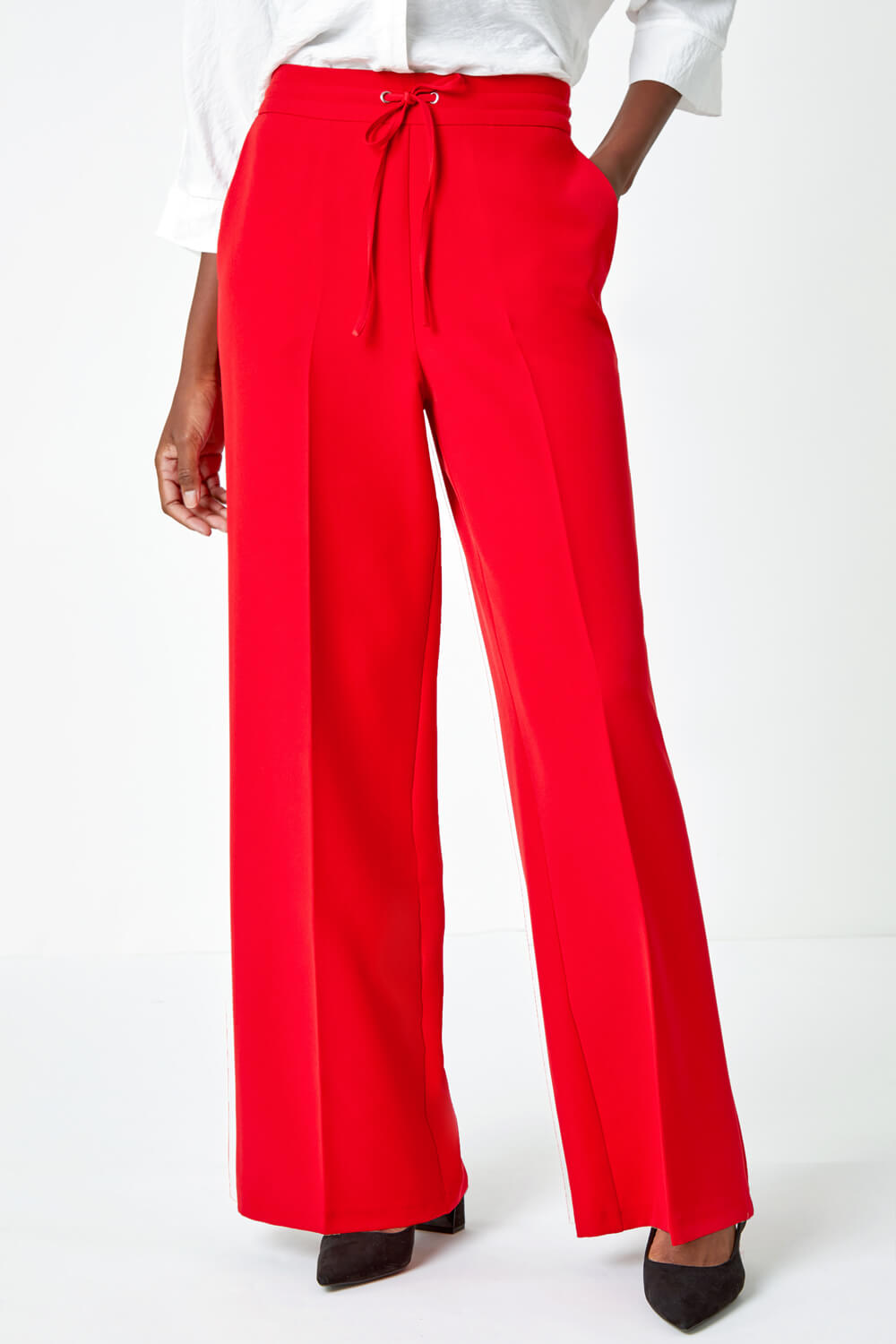 Red Wide Leg Tie Front Stretch Trouser | Roman UK