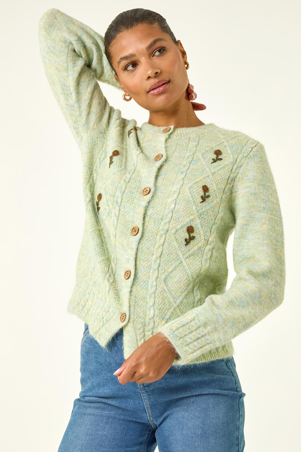 Pale Green Embroidered Floral Knit Cardigan | Roman UK