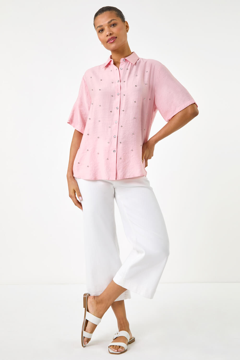 Light Pink Rhinestone Button Detail Collar Blouse | Roman UK