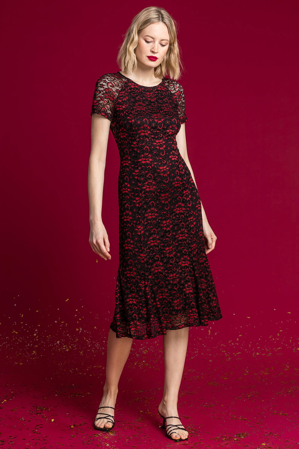 Shimmer Lace Fluted Hem Dress in Red - Roman Originals UK