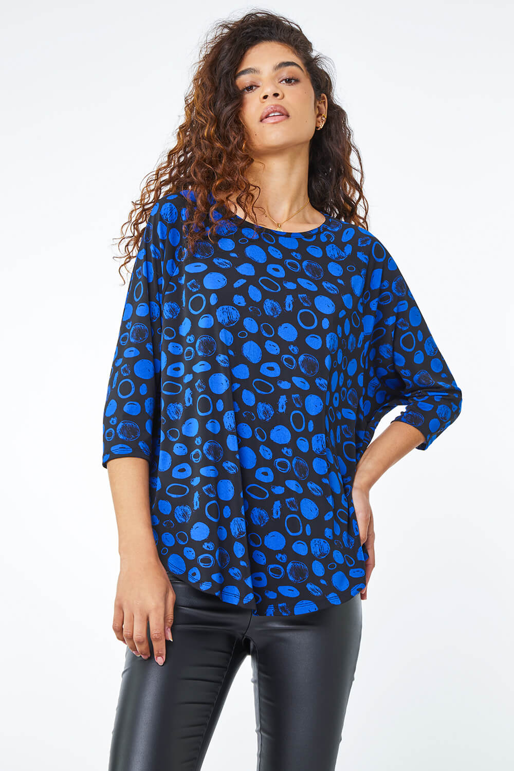 Spot Print Round Neck Tunic Top in Royal Blue - Roman Originals UK