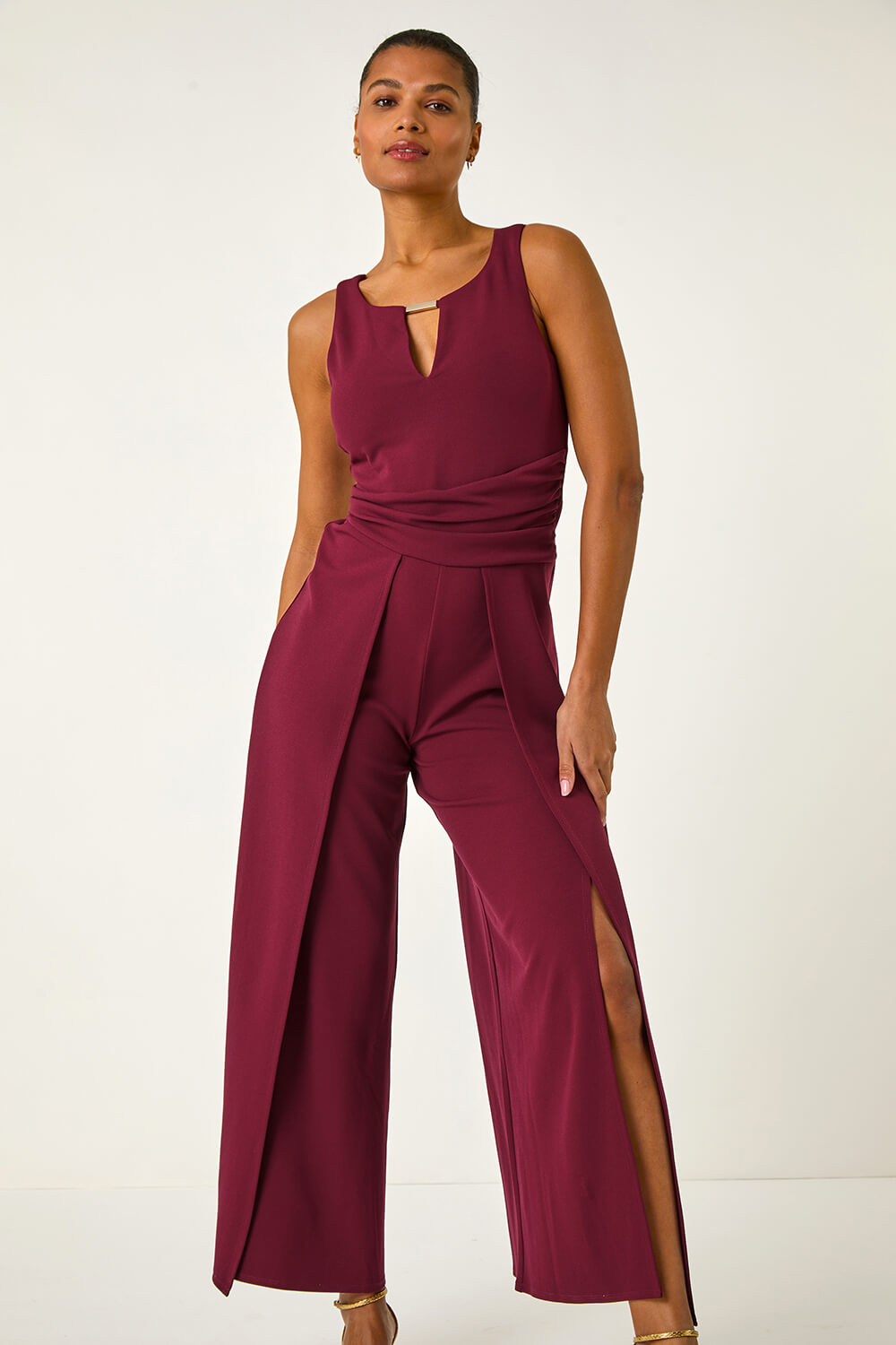 Wine Ruched Front Full Length Jumpsuit | Roman UK