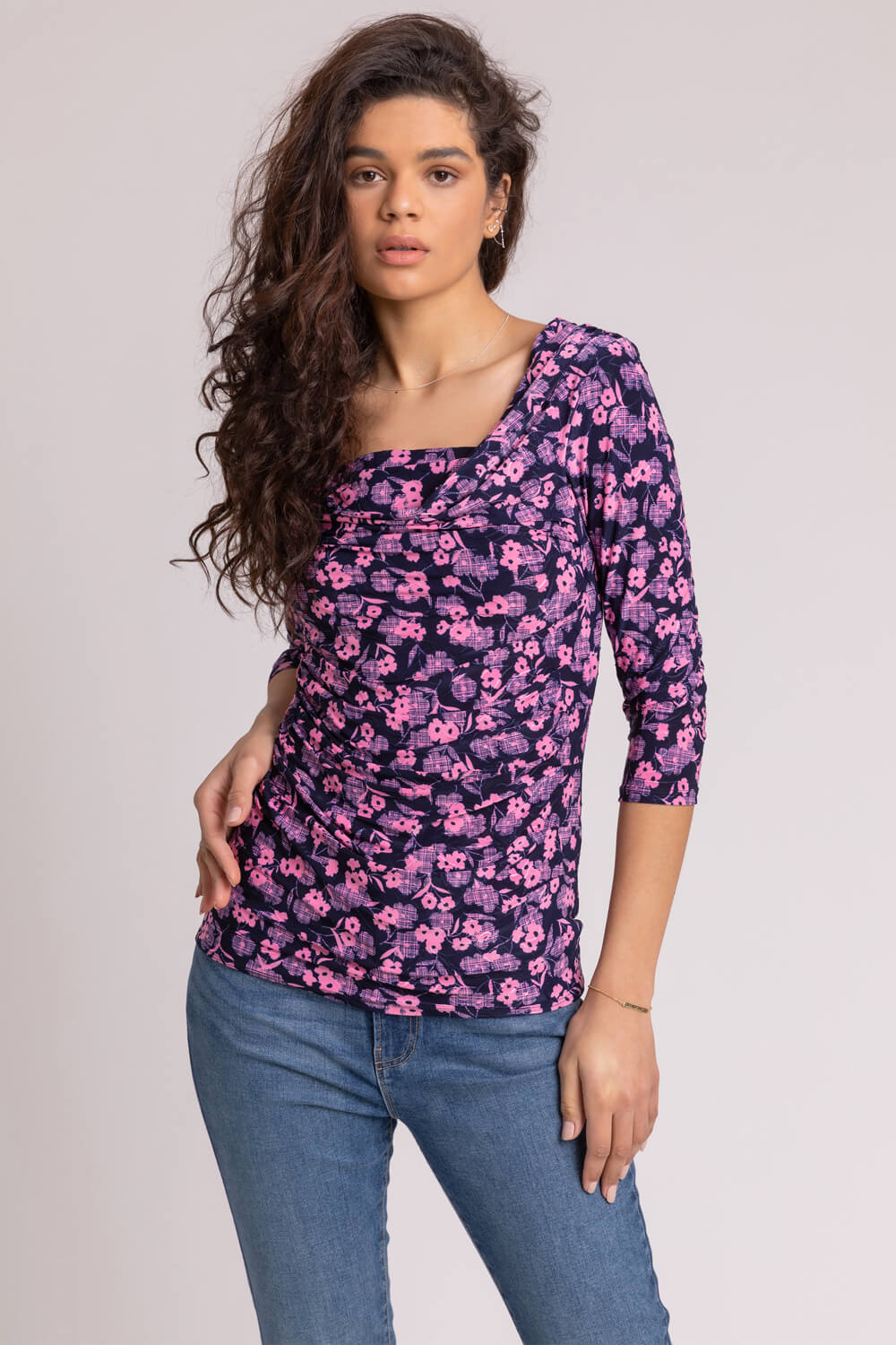 Floral Print Cowl Neck Top in Pink - Roman Originals UK