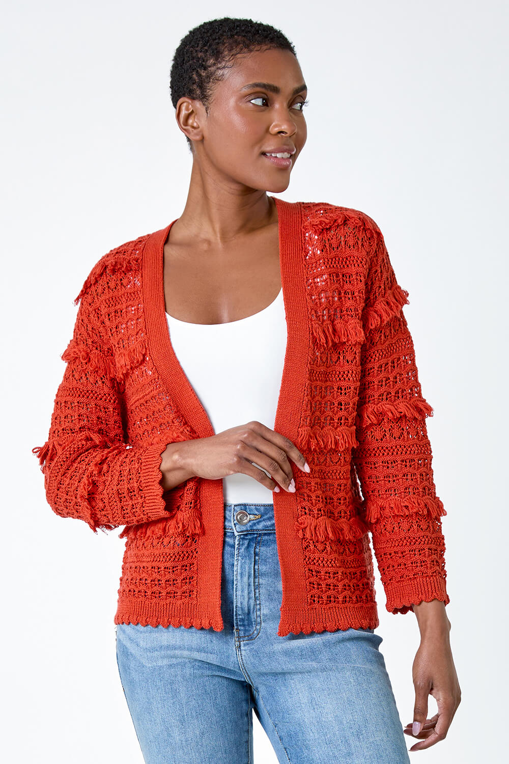 Rust Fringe Detail Scalloped Cotton Blend Cardigan | Roman UK