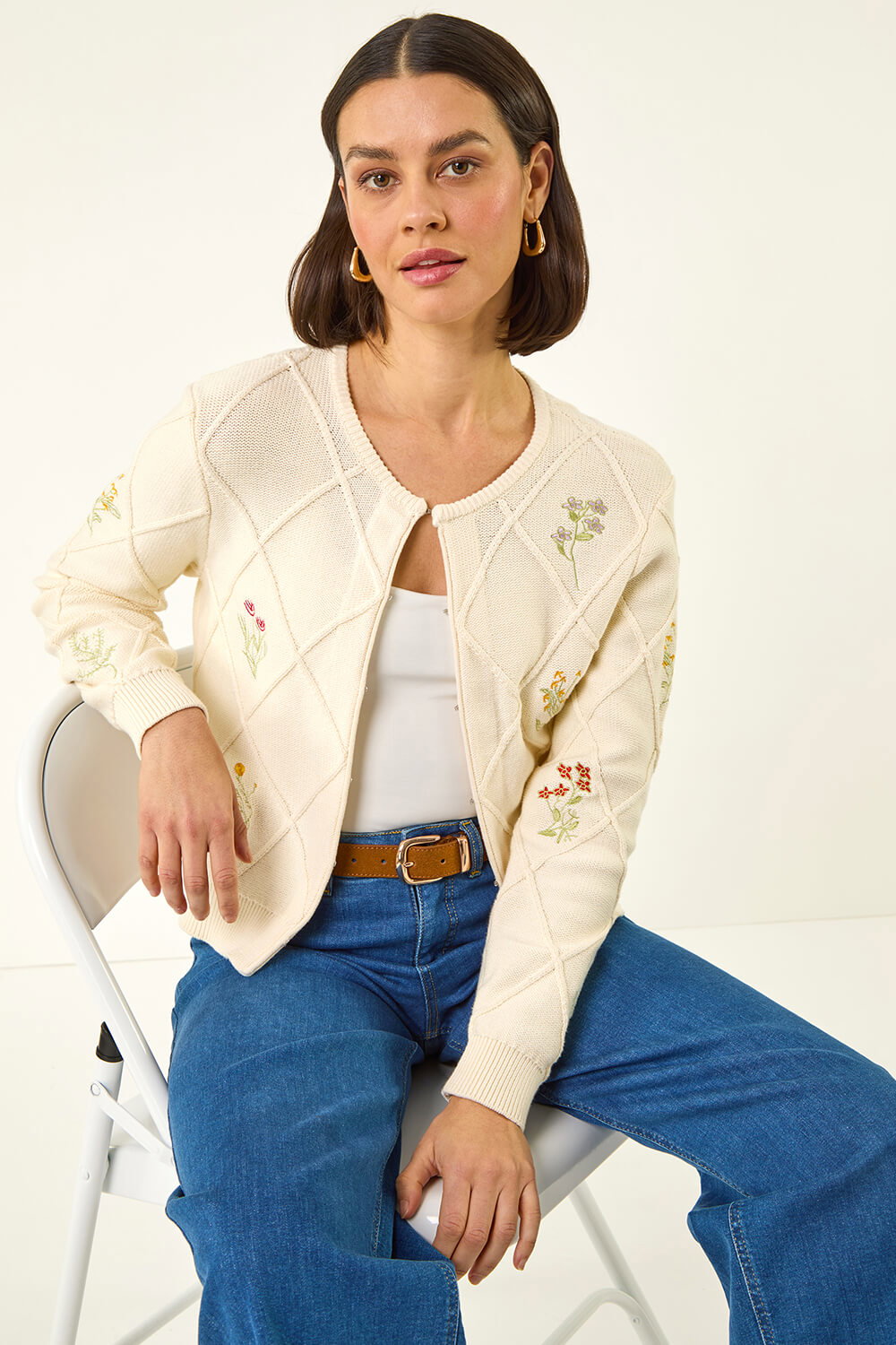 Ivory Floral Embroidered Knit Cardigan | Roman UK
