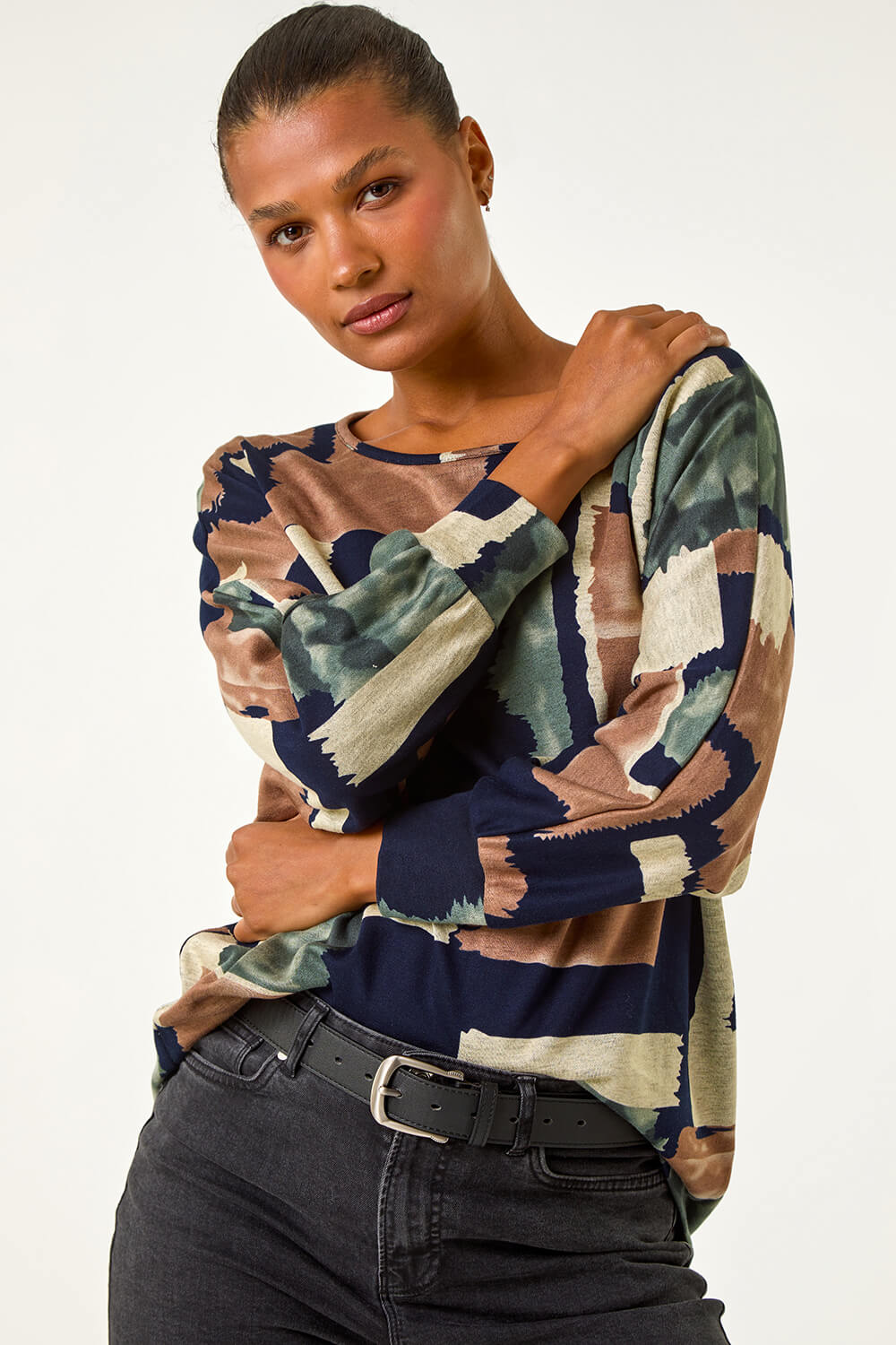 Mocha Abstract Print Contrast Hem Stretch Top | Roman UK