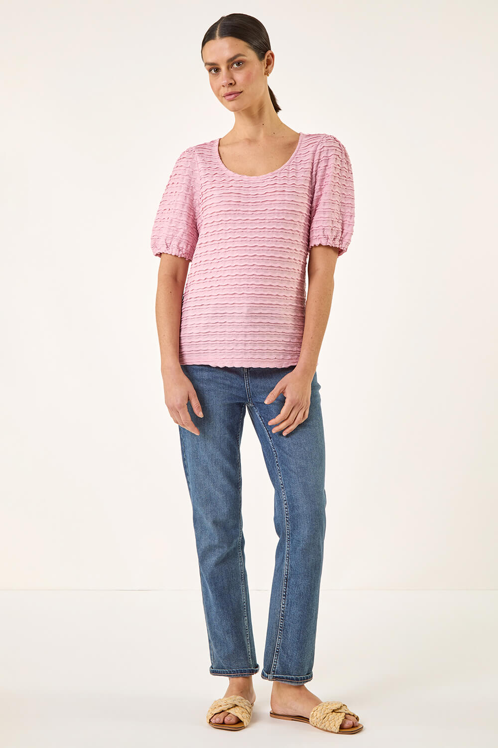 Pink Textured Jersey Stretch Top | Roman UK