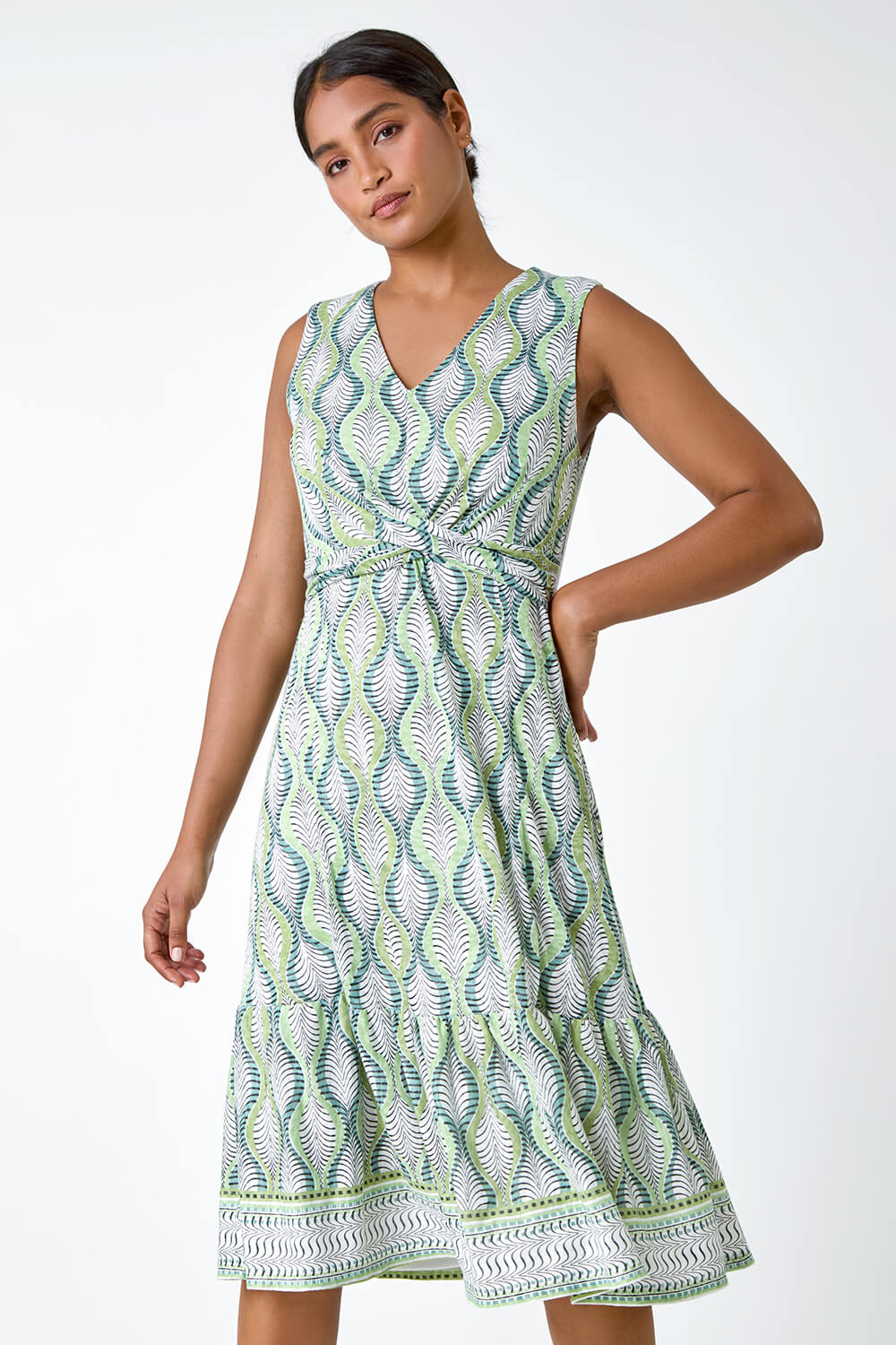 Green Twist Front Leaf Print Stretch Dress | Roman UK
