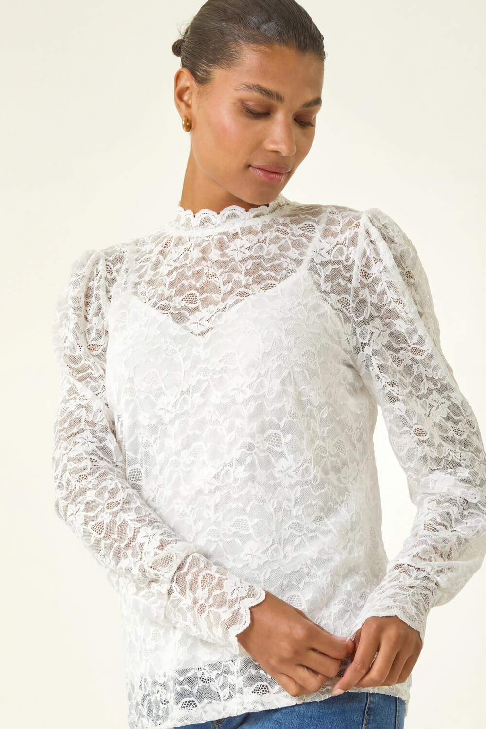 Ivory Lace Frill High Neck Stretch Top | Roman UK