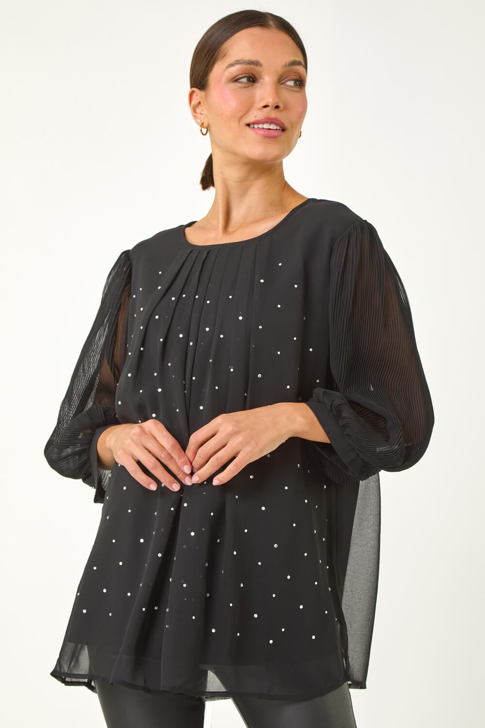 Black Pleated Sleeve Hotfix Detail Top | Roman UK