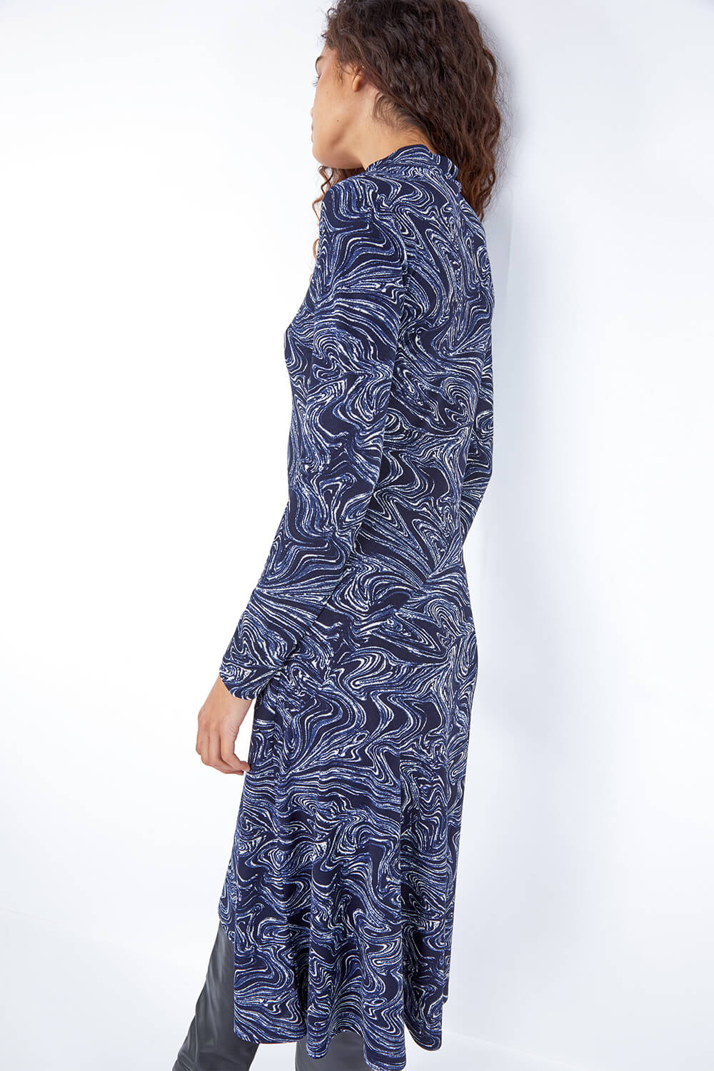 Abstract Marble Print Midi Dress in Navy - Roman Originals UK
