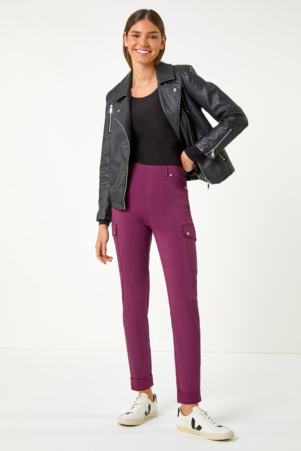 Wine Turn Up Stretch Cargo Trousers | Roman UK