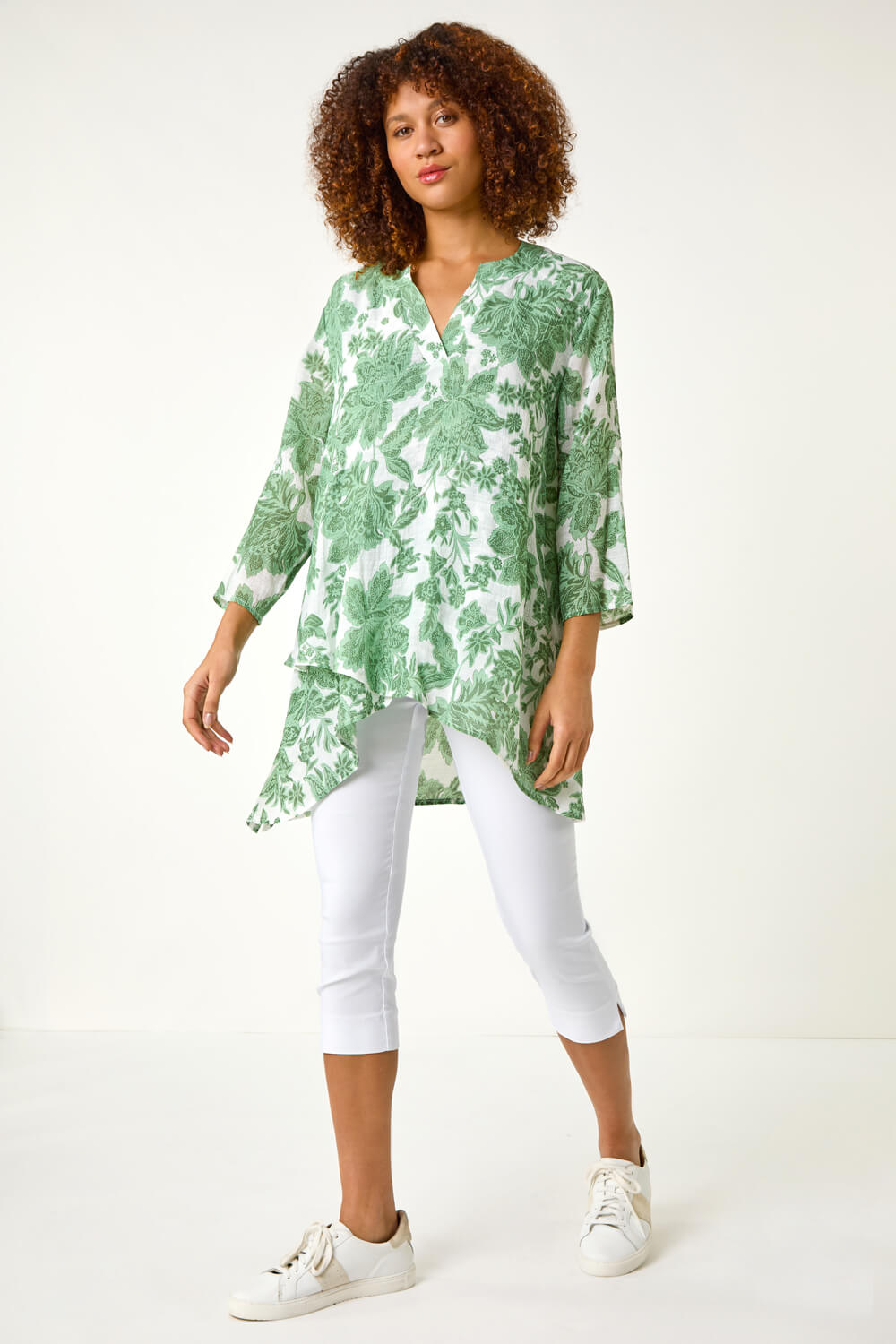 Green Floral Print Wrap Hem Tunic Top | Roman UK