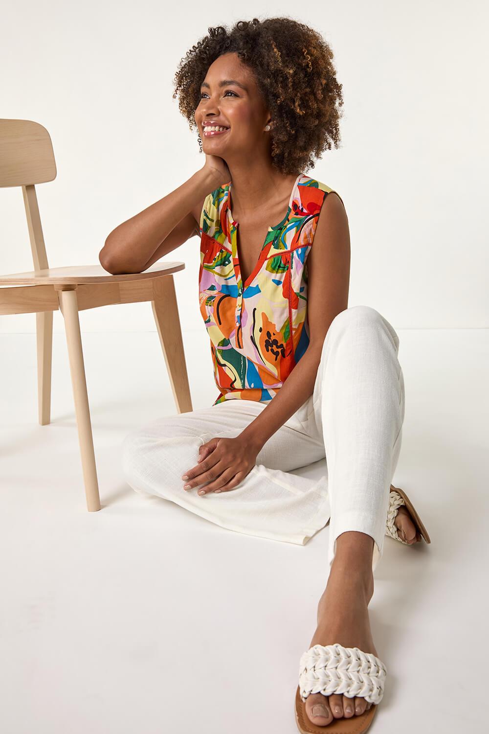 Multi Abstract Print V-Neck Button Top | Roman UK