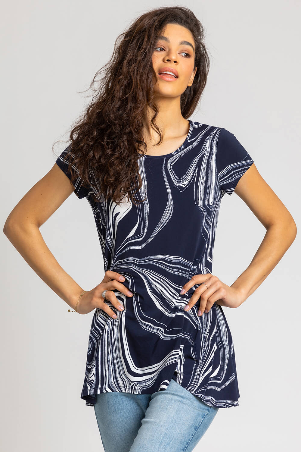 Navy Abstract Linear Print Stretch Top - Roman Originals UK