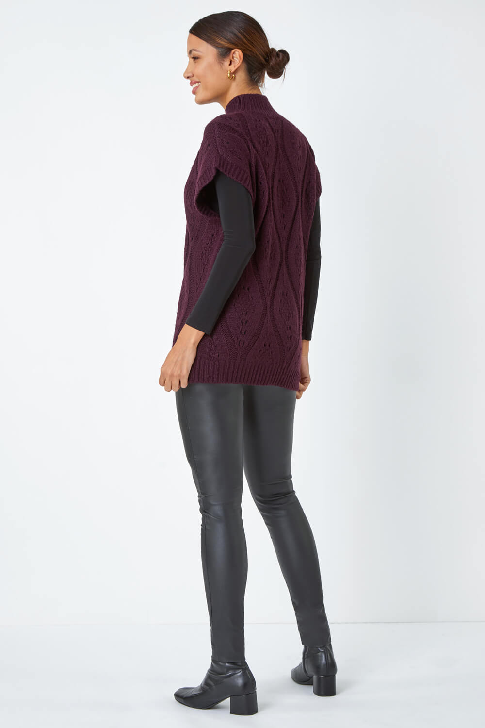 Aubergine High Neck Pointelle Knitted Vest | Roman UK