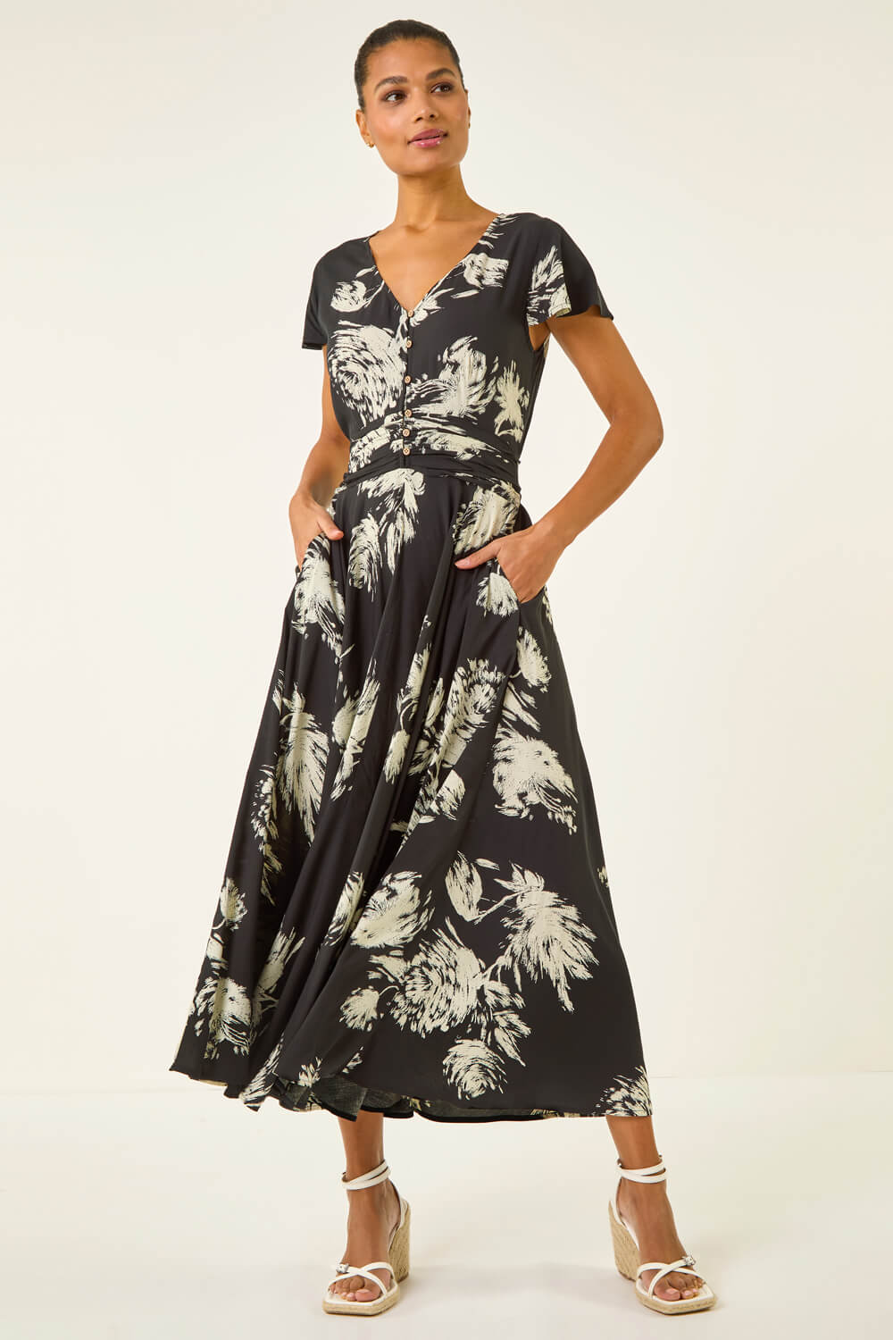 Black Floral Print Ruched Midi Dress | Roman UK