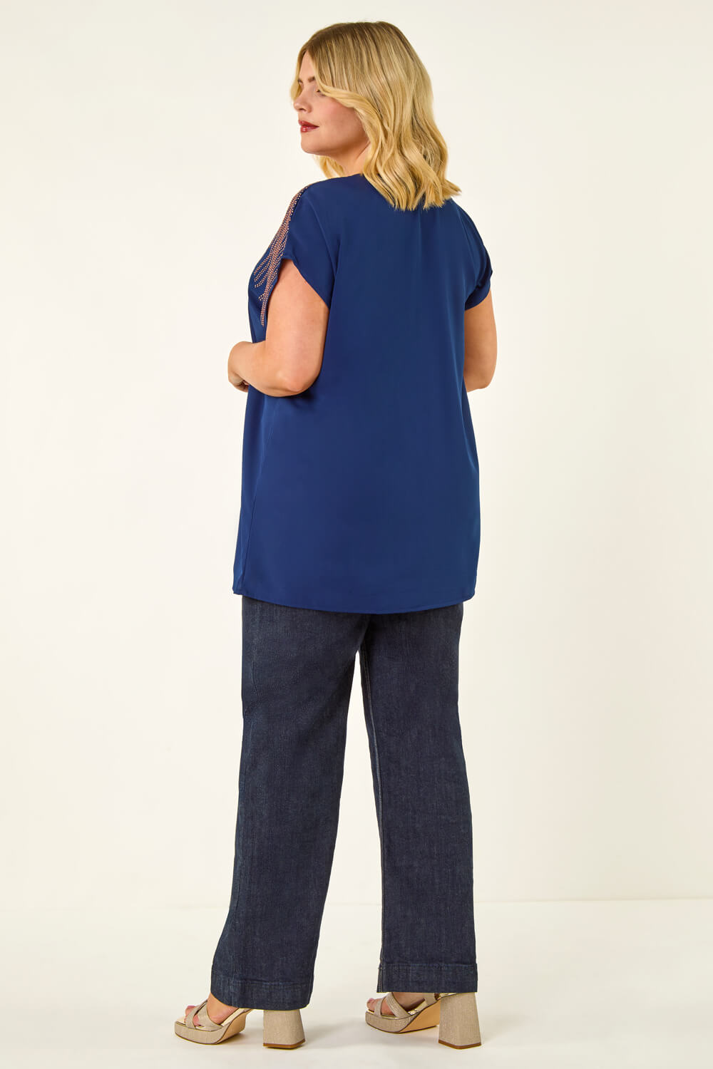 Navy Curve Hotfix Woven Top | Roman UK